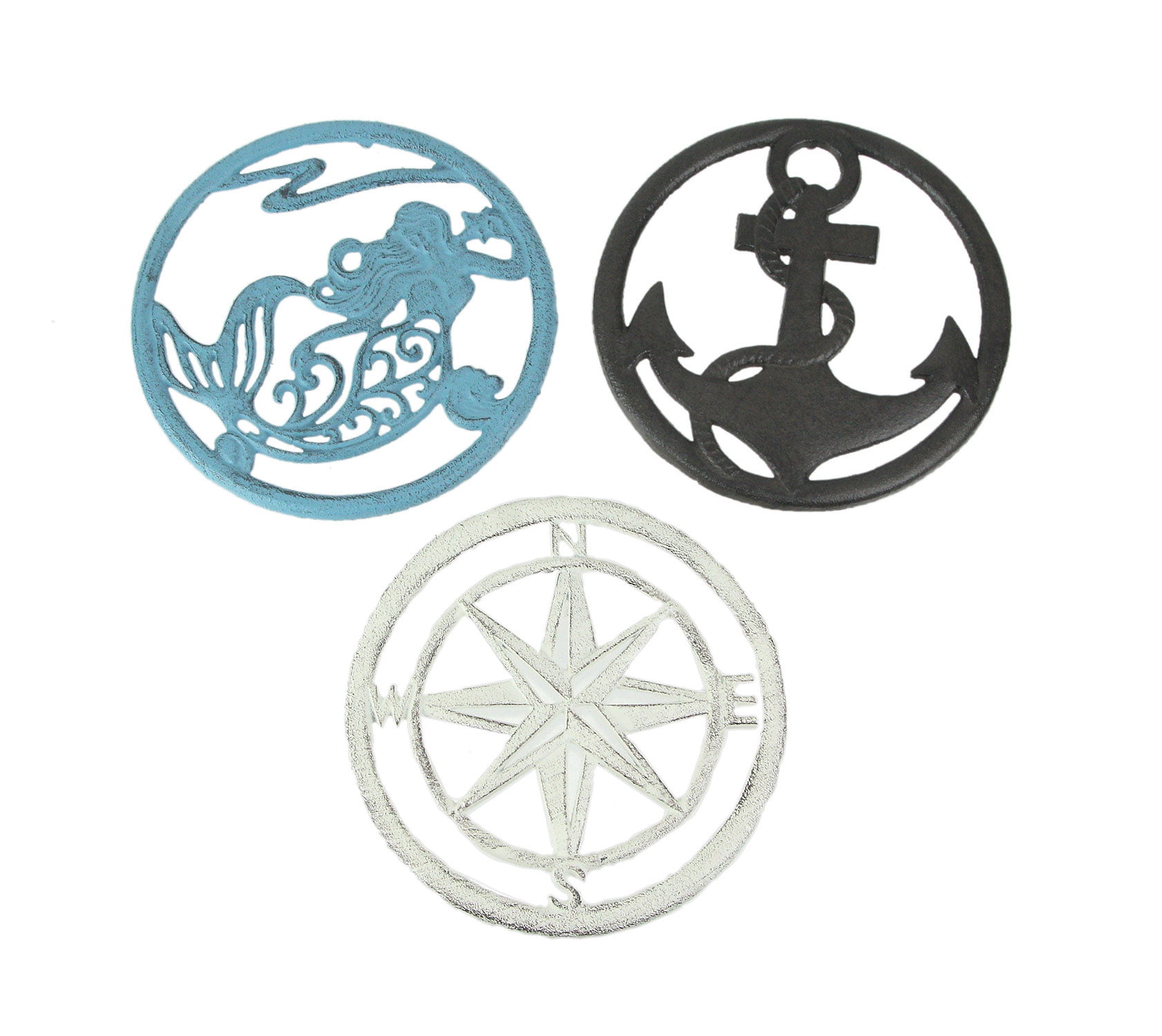 Zeckos Cast Iron Nautical Design Trivets Rose Kitchen Décor Set of 3 ...