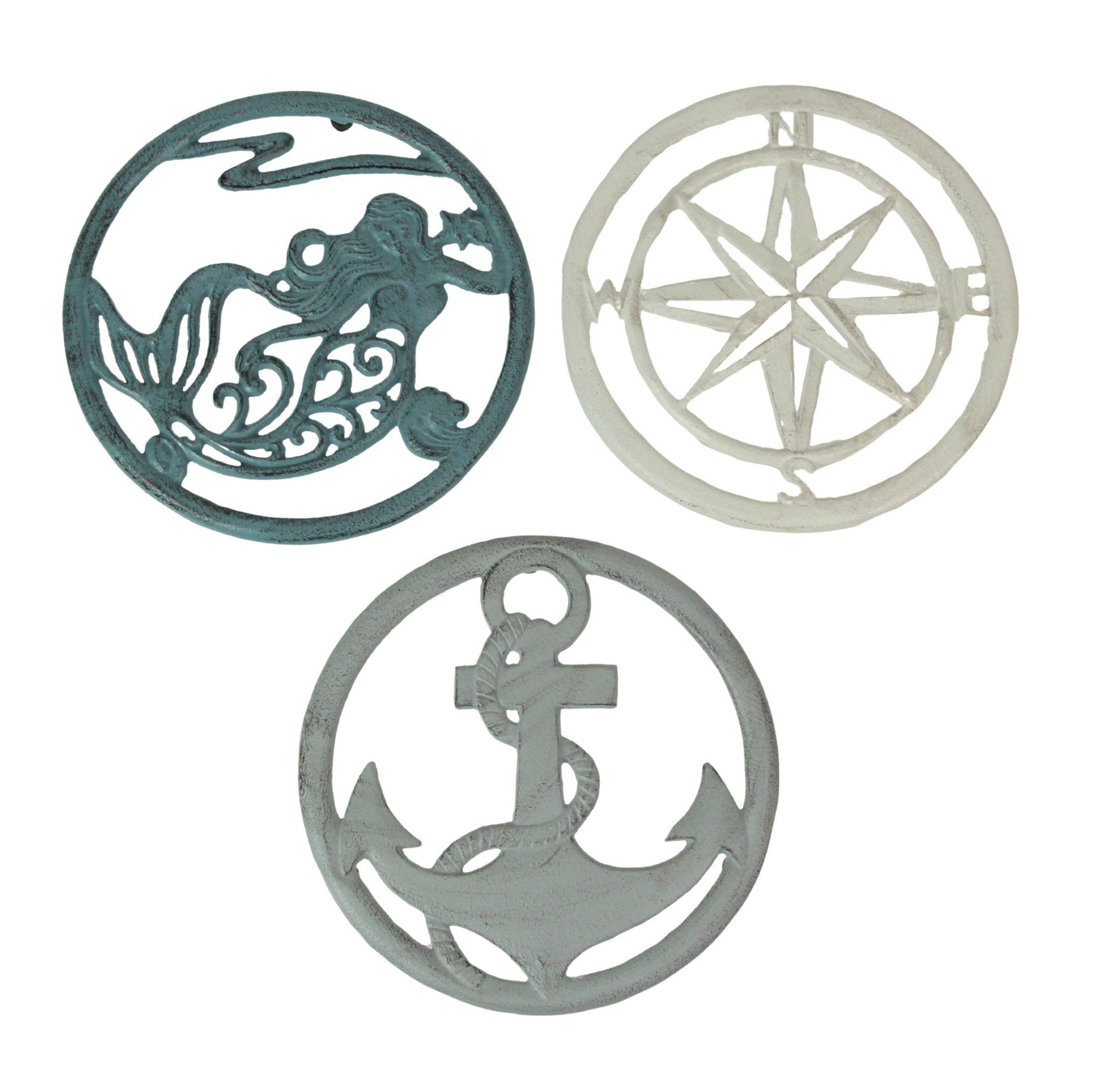 Zeckos Cast Iron Nautical Design Trivets Rose Kitchen Décor Set of 3 ...