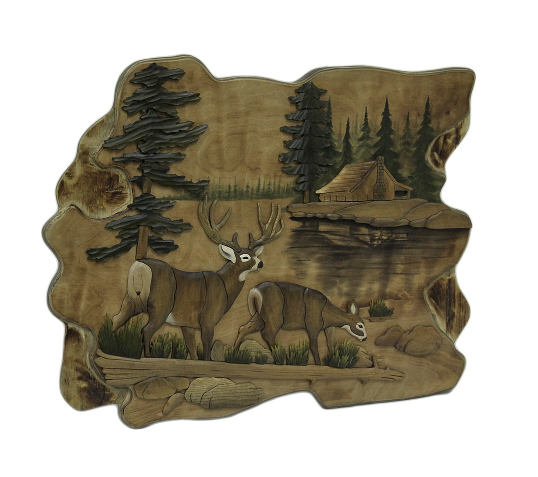 Zeckos Deer Family In The Woods Hand Crafted Intarsia Wood Art Wall ...