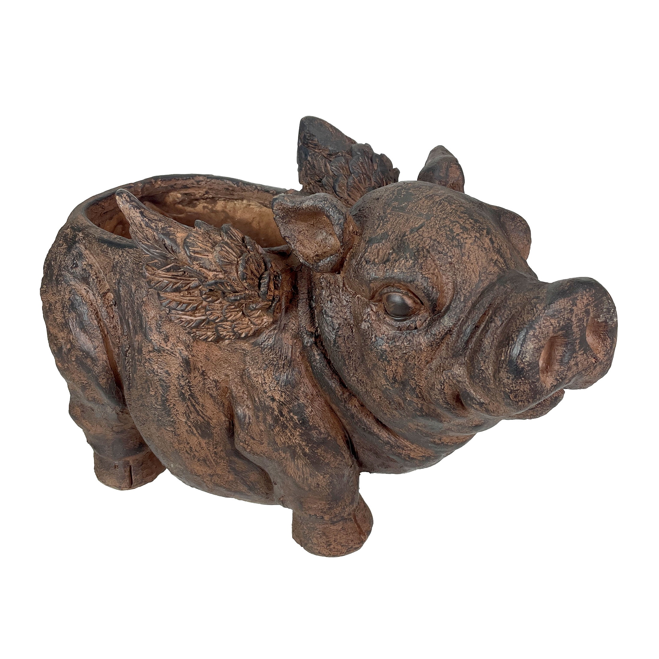Zeckos Flying Pig Planter 17" Brown, With Drain Hole, Rustic Indoor ...