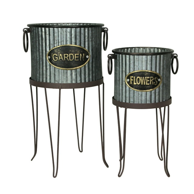 Zeckos Rustic Large and Small Round Flower Pots, Galvanized Gray Metal ...