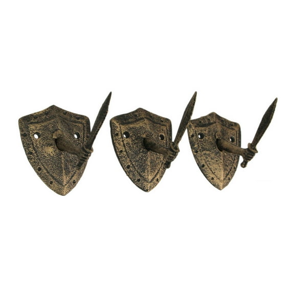 Zeckos Gold Cast Iron Sword & Shield Decorative Wall Hooks (Set of 3 ...