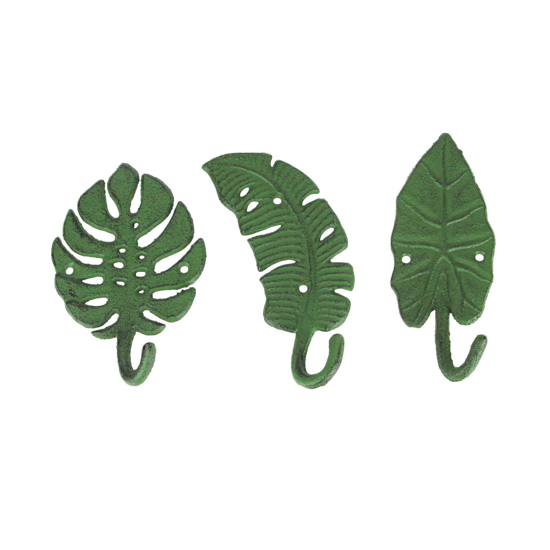 Zeckos Green Cast Iron Tropical Leaf Wall Decor Hooks Set of 3 Cast ...