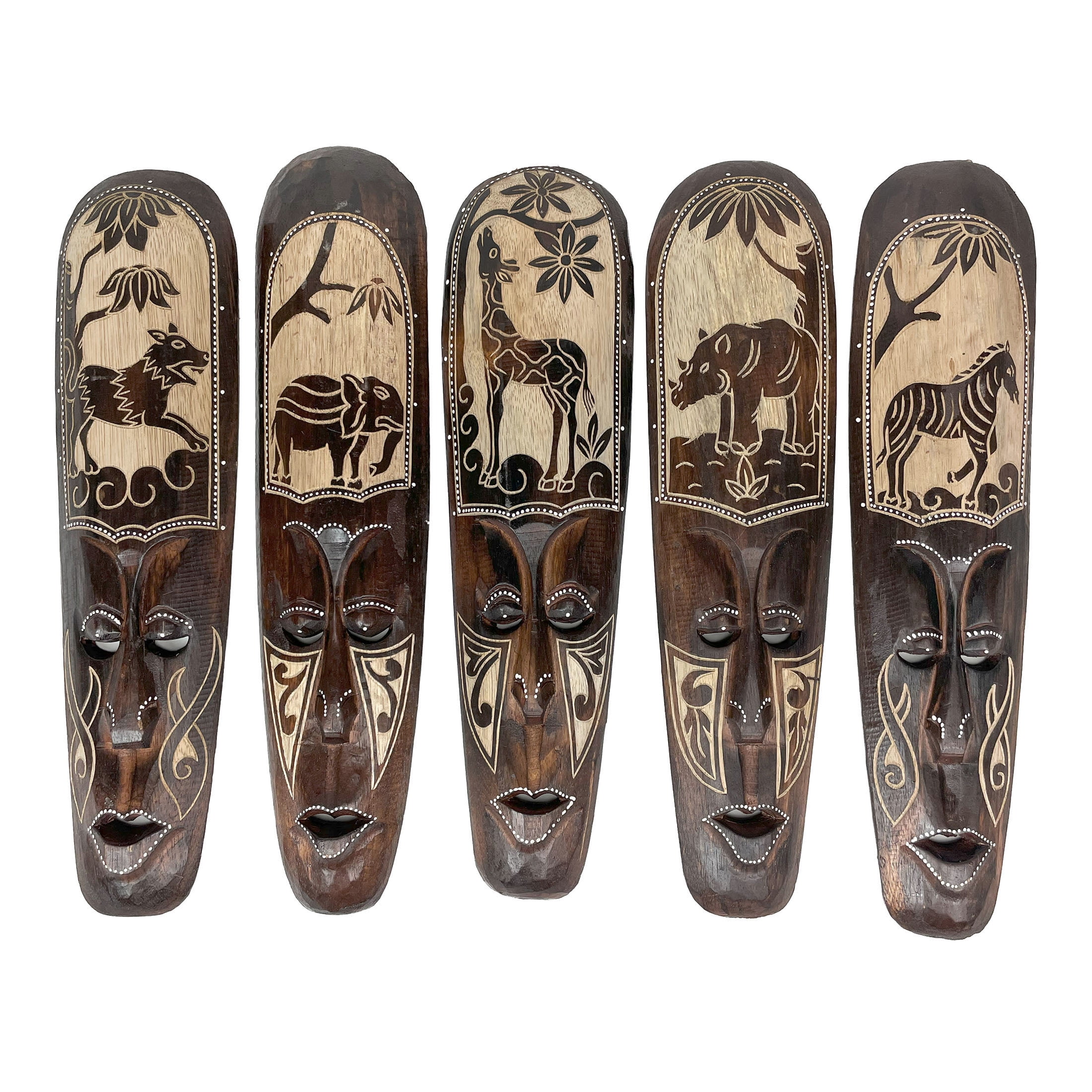 Zeckos Hand Carved Wood African Animal Wall Décor Masks Set of 5 ...