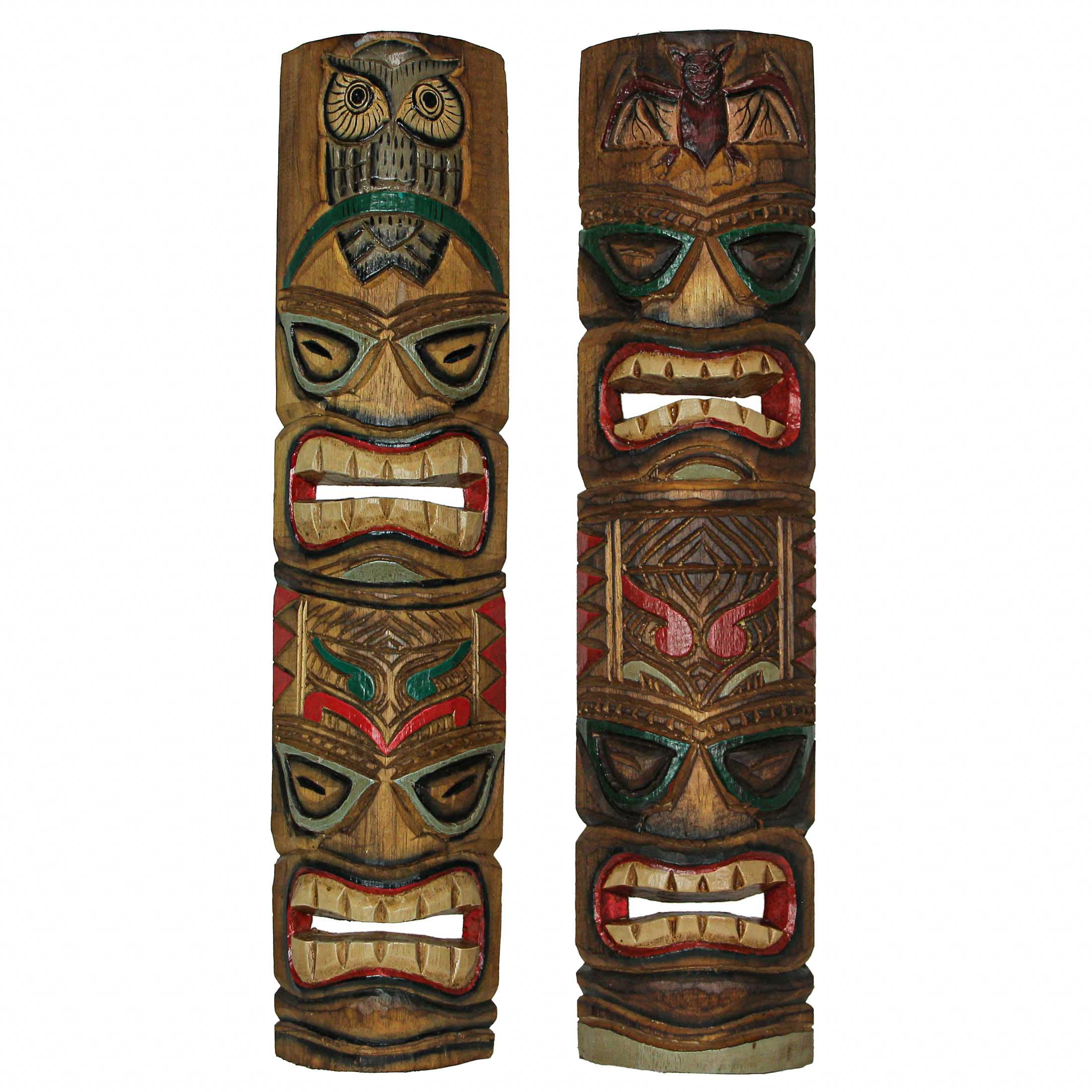 Zeckos Hand Carved Wood Tiki Mask Bat Owl Totem Wall Decor Set of 2 ...