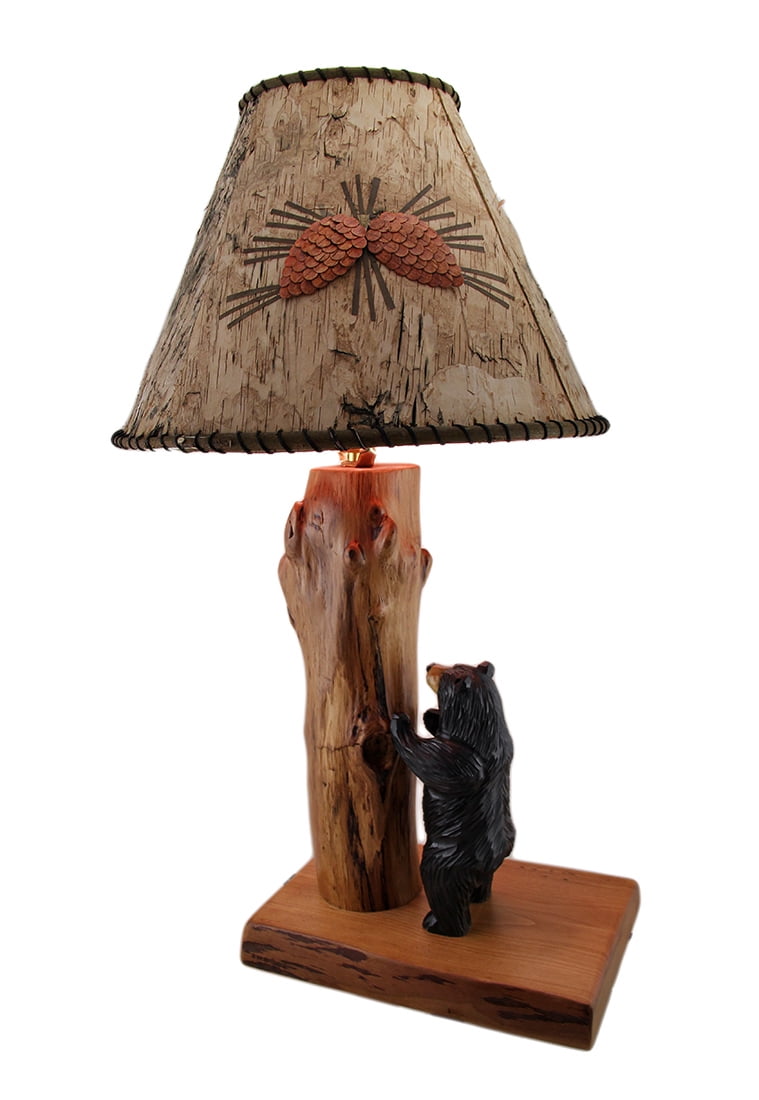 Zeckos Handcrafted Rustic Wood Black Bear Lamp w/Decorative Bark Shade ...