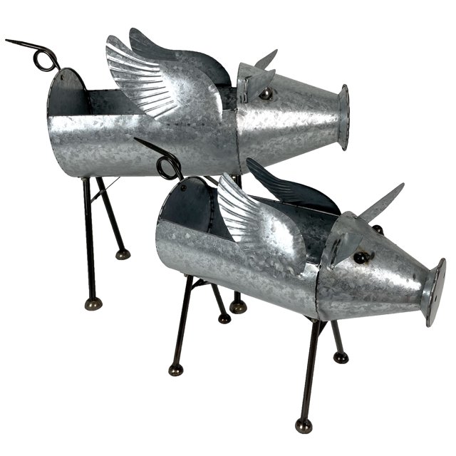 Zeckos Set of 2 Flying Pig Planters - Galvanized Metal Rustic Farmhouse ...