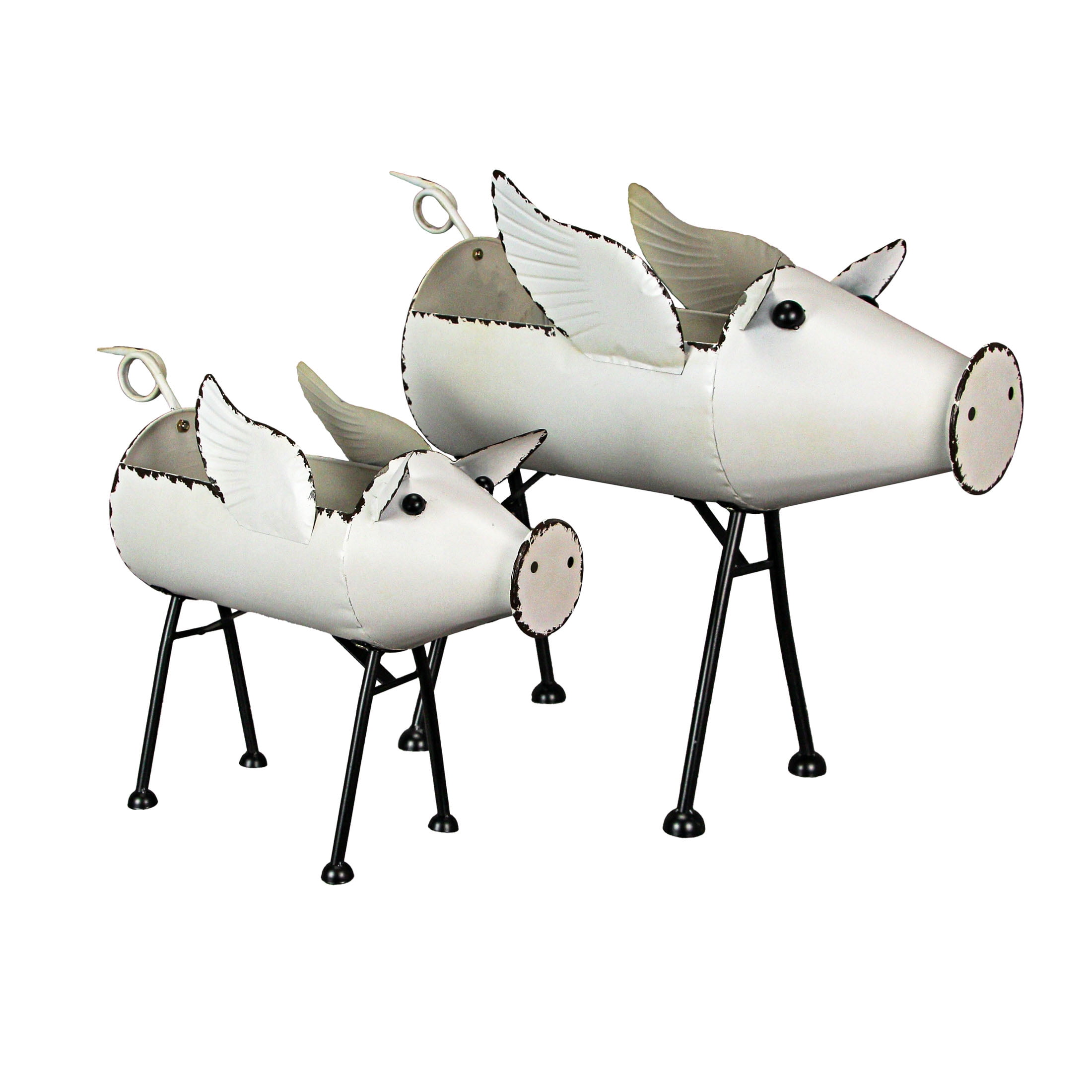 Zeckos Rustic White Finish Metal Flying Pig Flower Sculpture Planters ...
