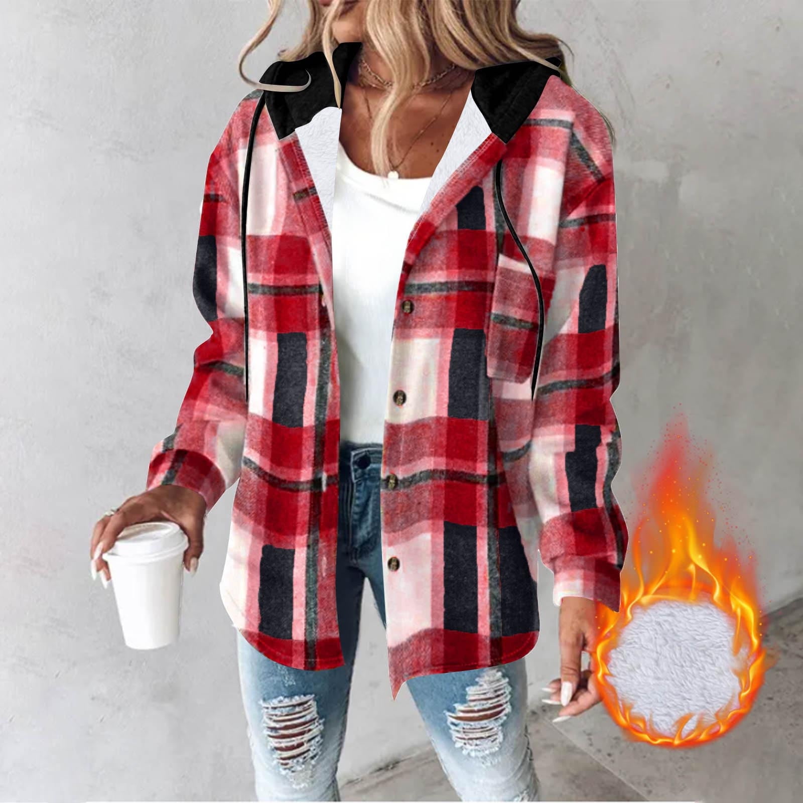 Zedker Casual Hooded Plaid Jackets for Women Long Sleeve Button Fall ...