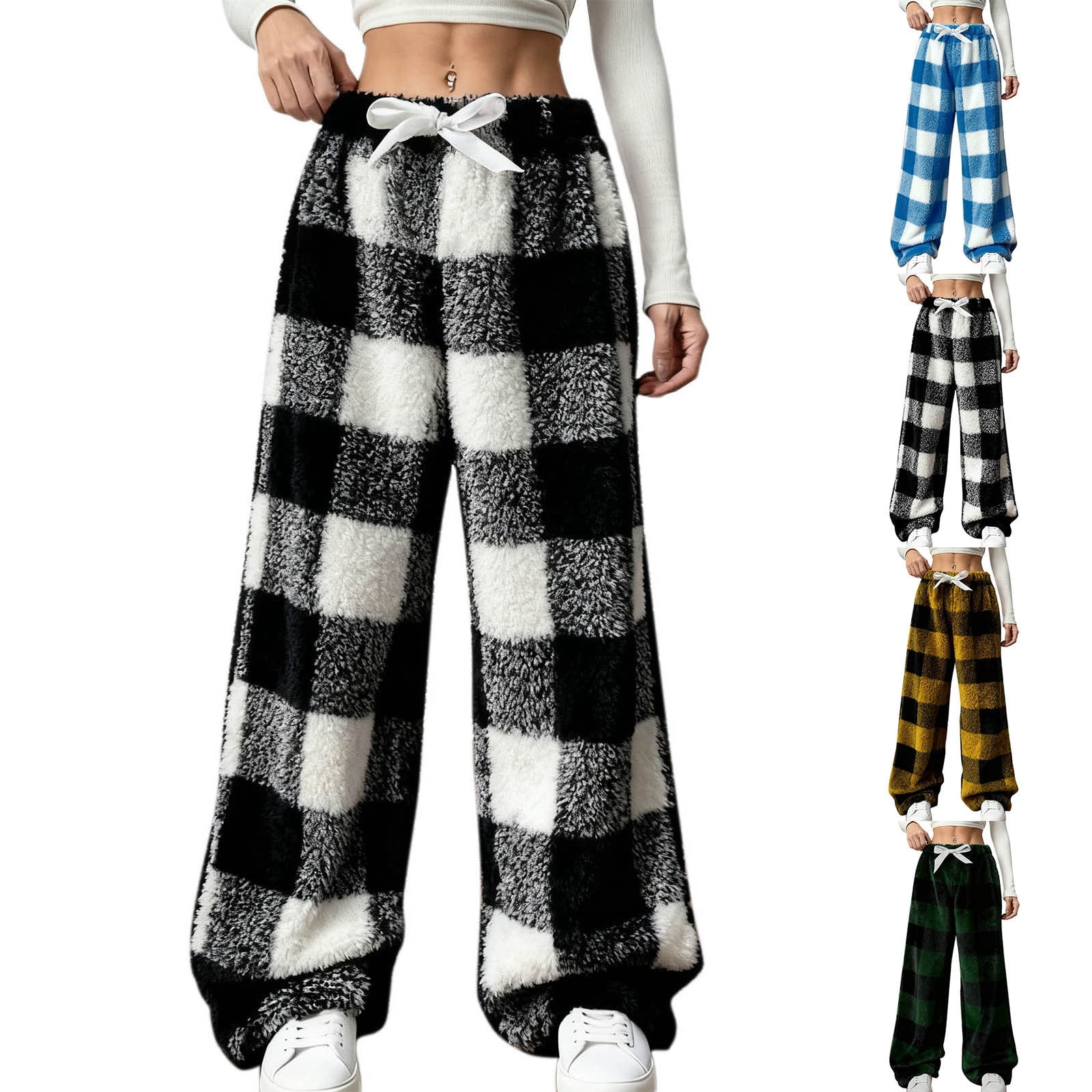 Zedker Fuzzy Pajama Pants Women Plush Elastic Waist Wide Leg Leopard ...