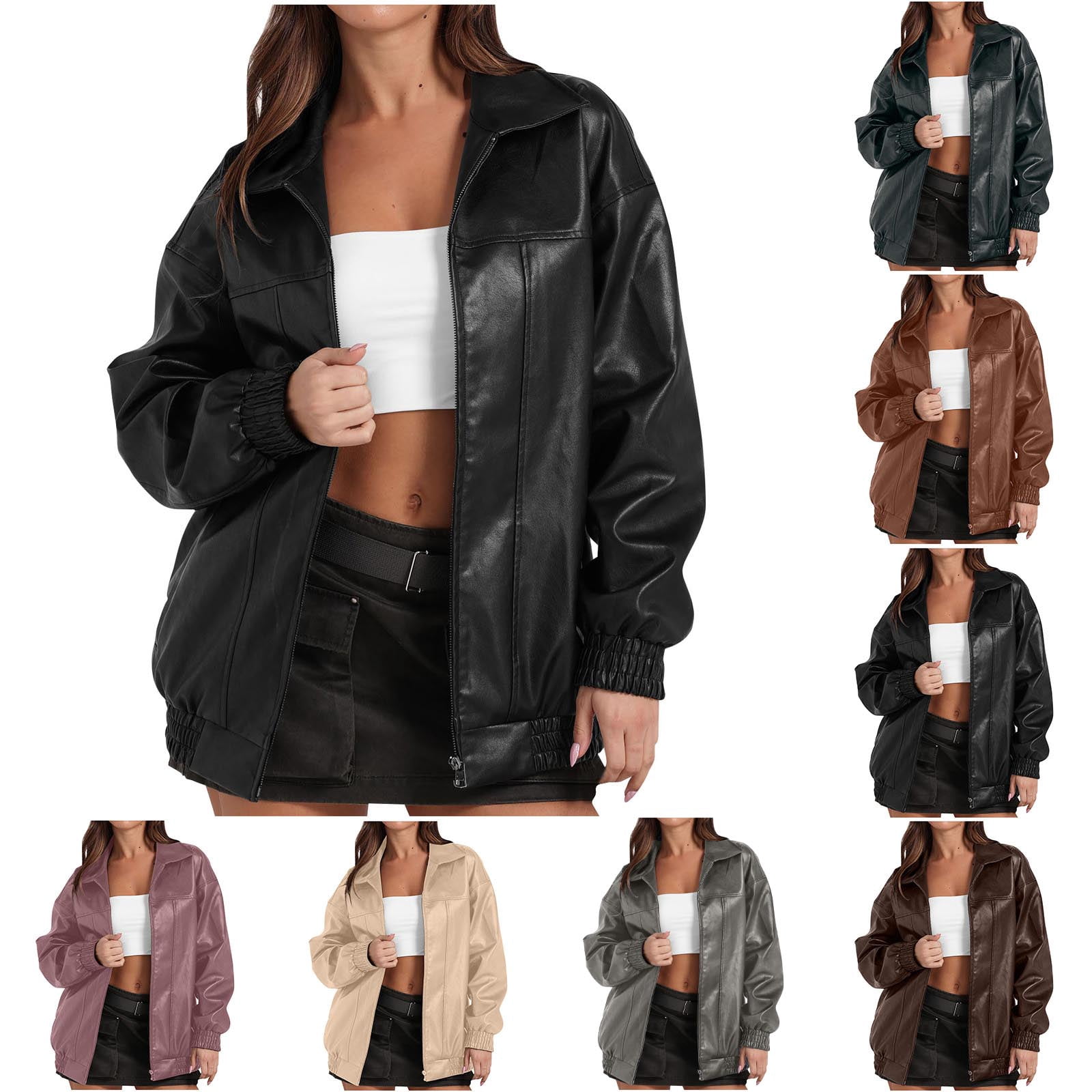 Zedker Leather Jacket Women 2026 Faux Oversized Motorcycle Bomber Coats ...