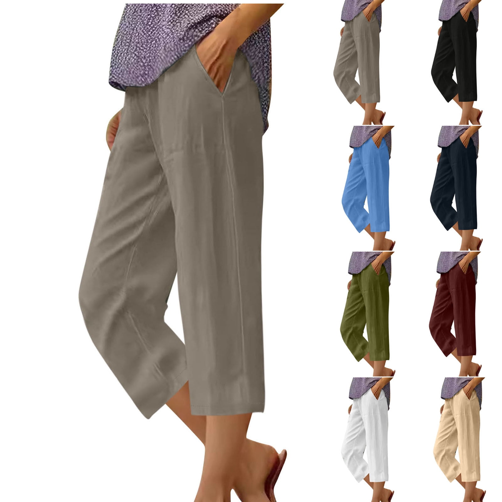 Zedker Linen Capri Pants for Women Drawstring Wide Leg Trousers Summer ...
