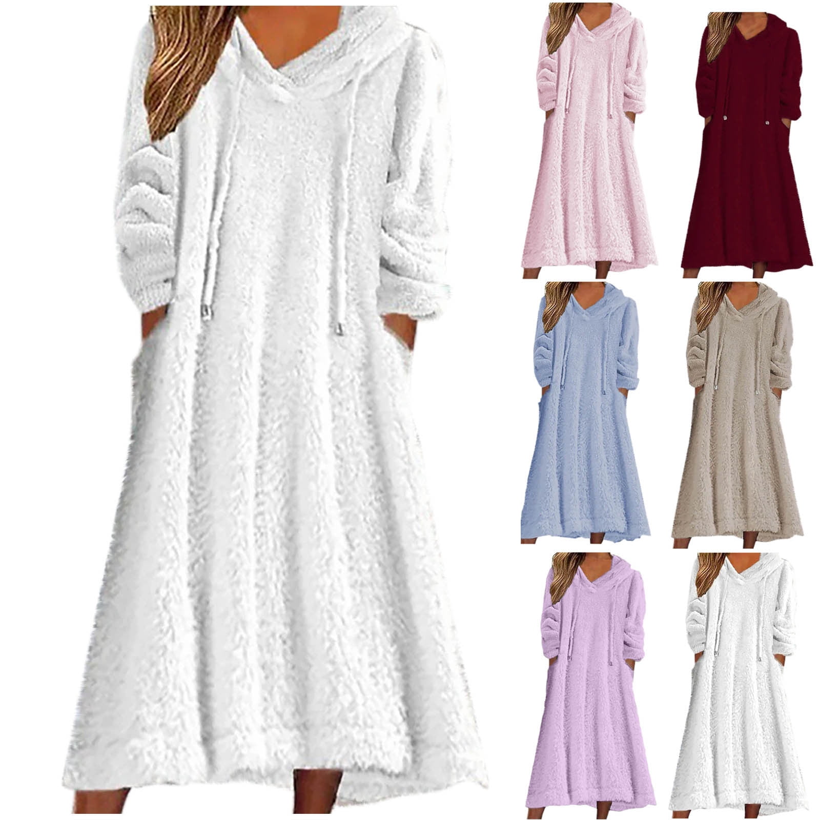Zedker Women Fuzzy Fleece Hooded Nightgowns Plus Size Casual Long ...