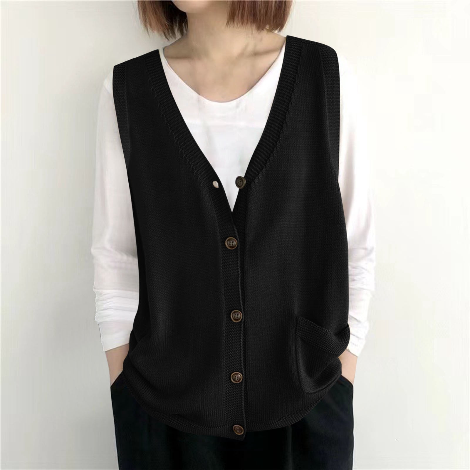 Zedker Women's Button V Neck Sleeveless Vintage Knit Sweater Vest ...