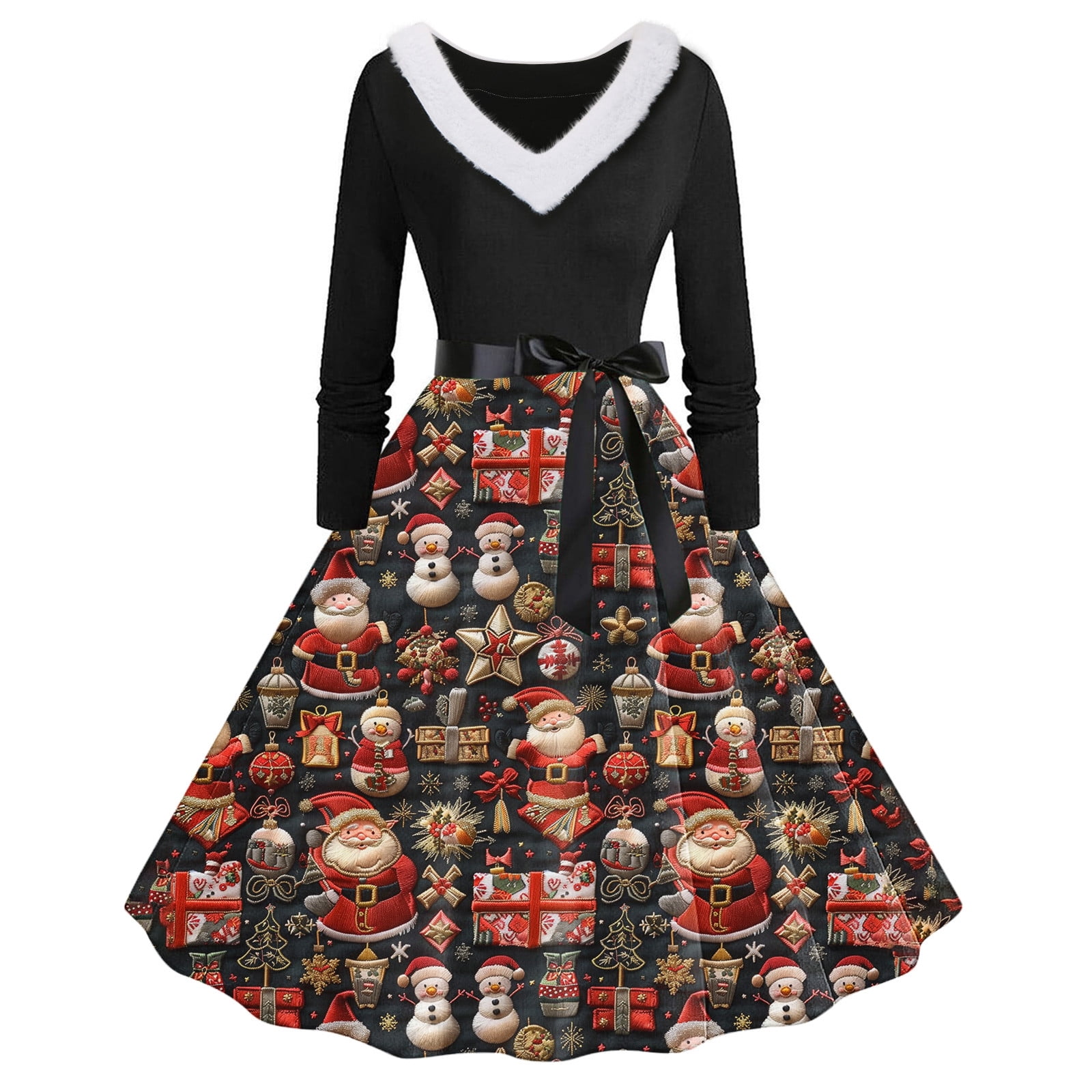 Zedker Women's Christmas Dresses Furry V-Neck Swing Dress Xmas Printed ...