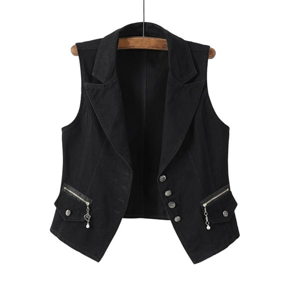 Zedker Women's Lapel Denim Vest Button Jacket Sleeveless Jean Waistcoat ...