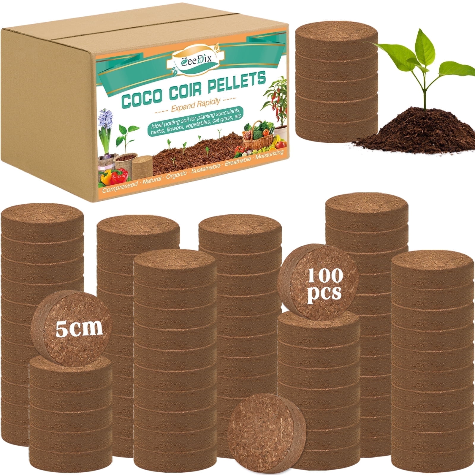 ZeeDix 100 Pcs 50mm Compressed Coco Coir Fiber Potting Soil- Organic ...