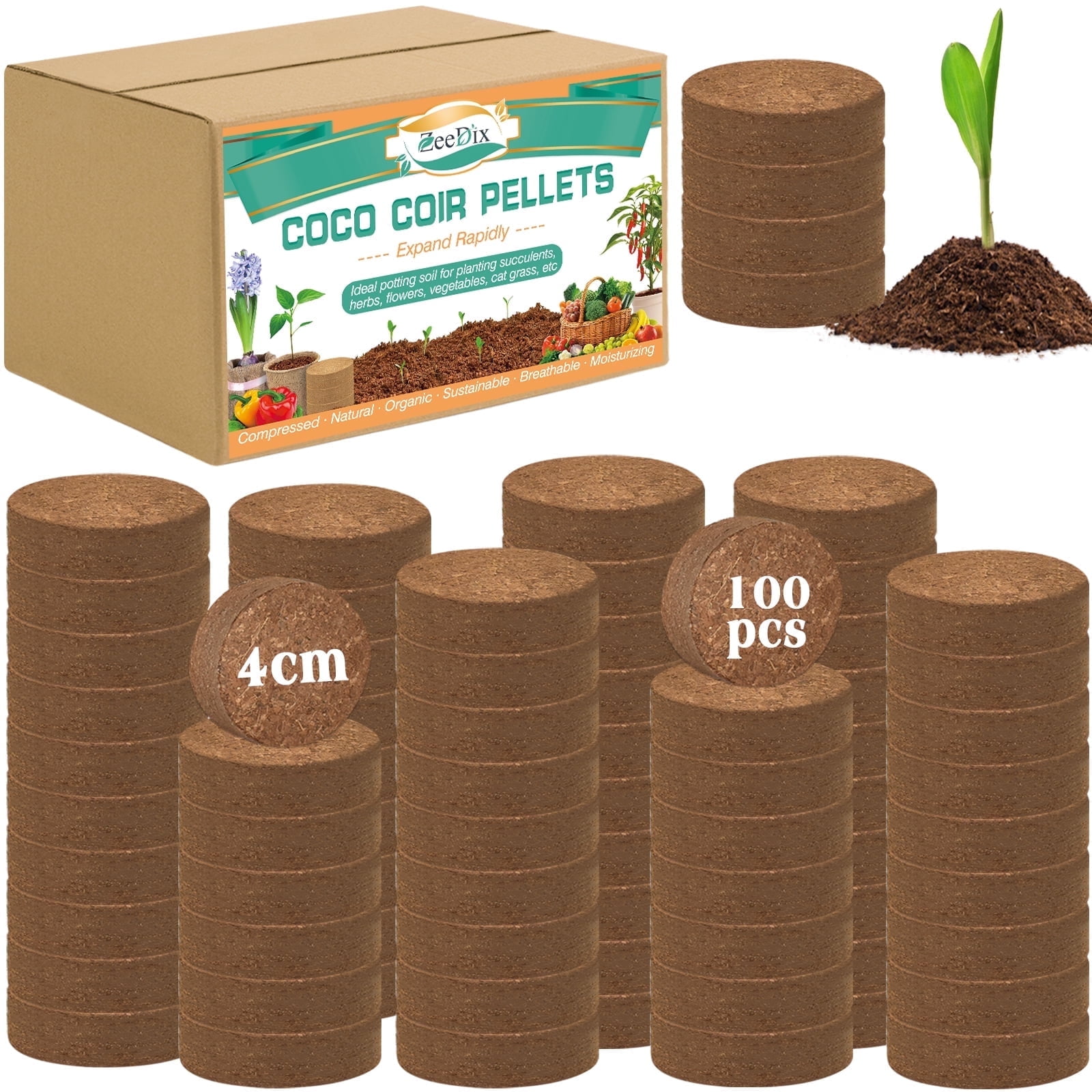 ZeeDix 100Pcs 40mm Compressed Coco Coir Fiber Potting Soil- Organic ...