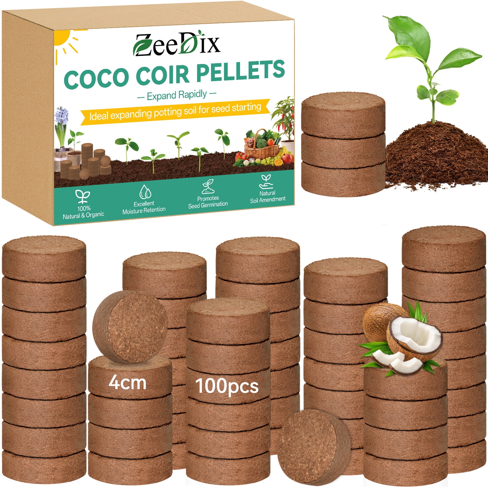 ZeeDix 100Pcs 40mm Compressed Coconut Coir Soil for Planting Flowers ...