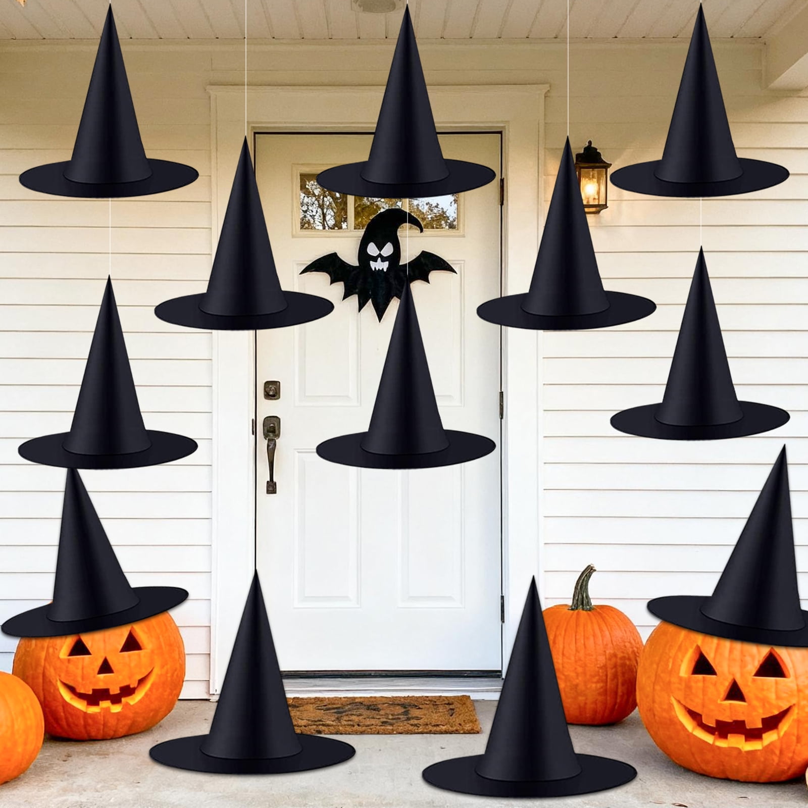 ZeeDix 12Pcs Floating Halloween Witch Hats, 15Inch Black Caps with 98ft ...