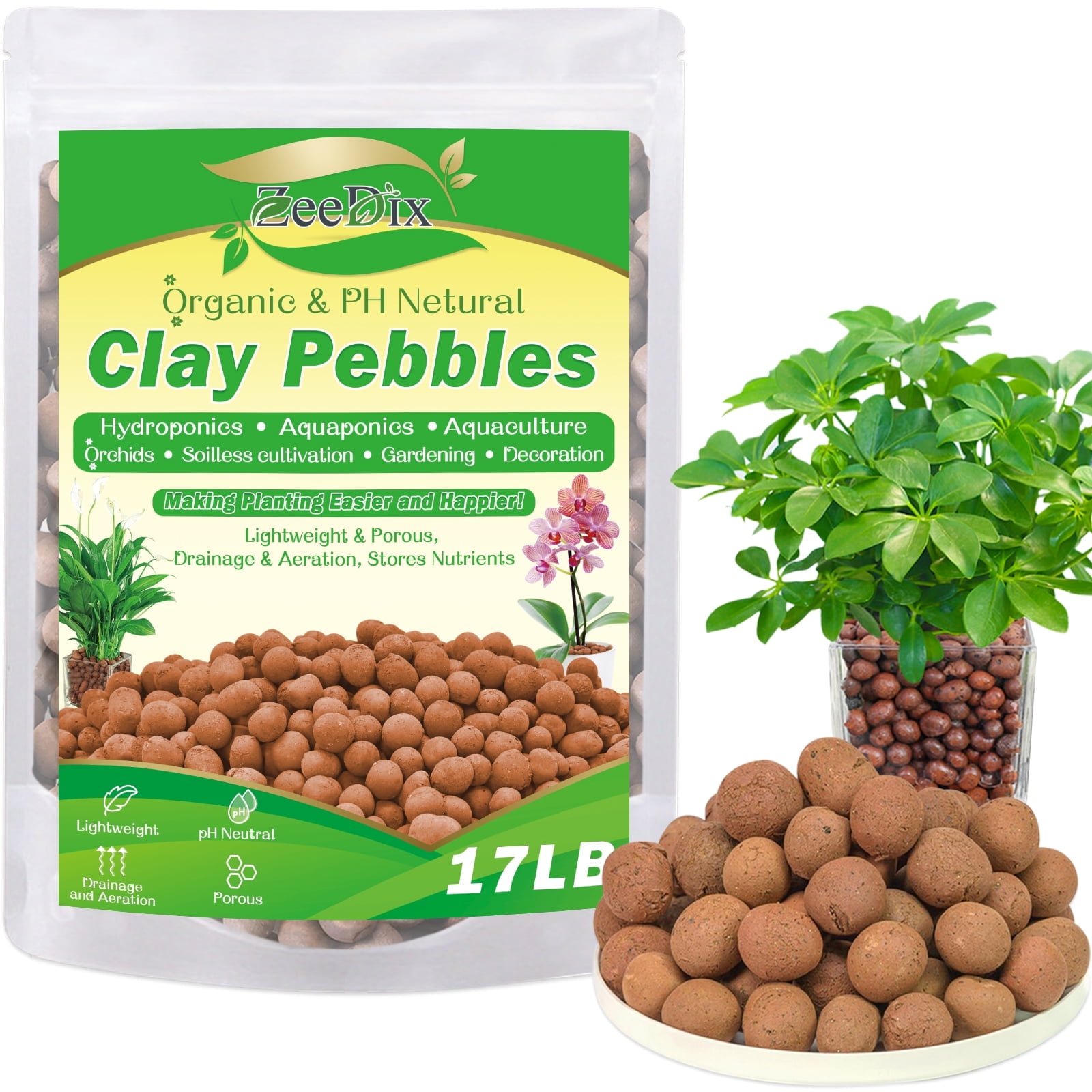 ZeeDix 17lb Clay Pebbles, Hydroponics Grow Media, 4-16mm, Orchid Soil ...