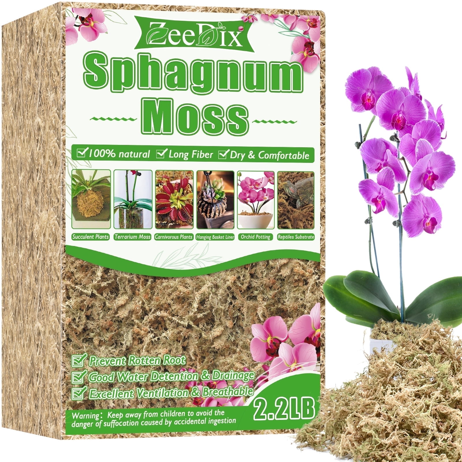 ZeeDix 2.2 LB Premium Sphagnum Moss for Plants, 40QT Orchid Potting ...