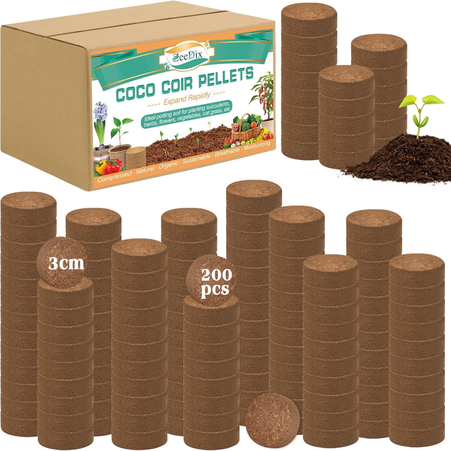 ZeeDix 200 Pcs (30mm) Compressed Coco Coir Fiber Potting Soil Coco Coir ...