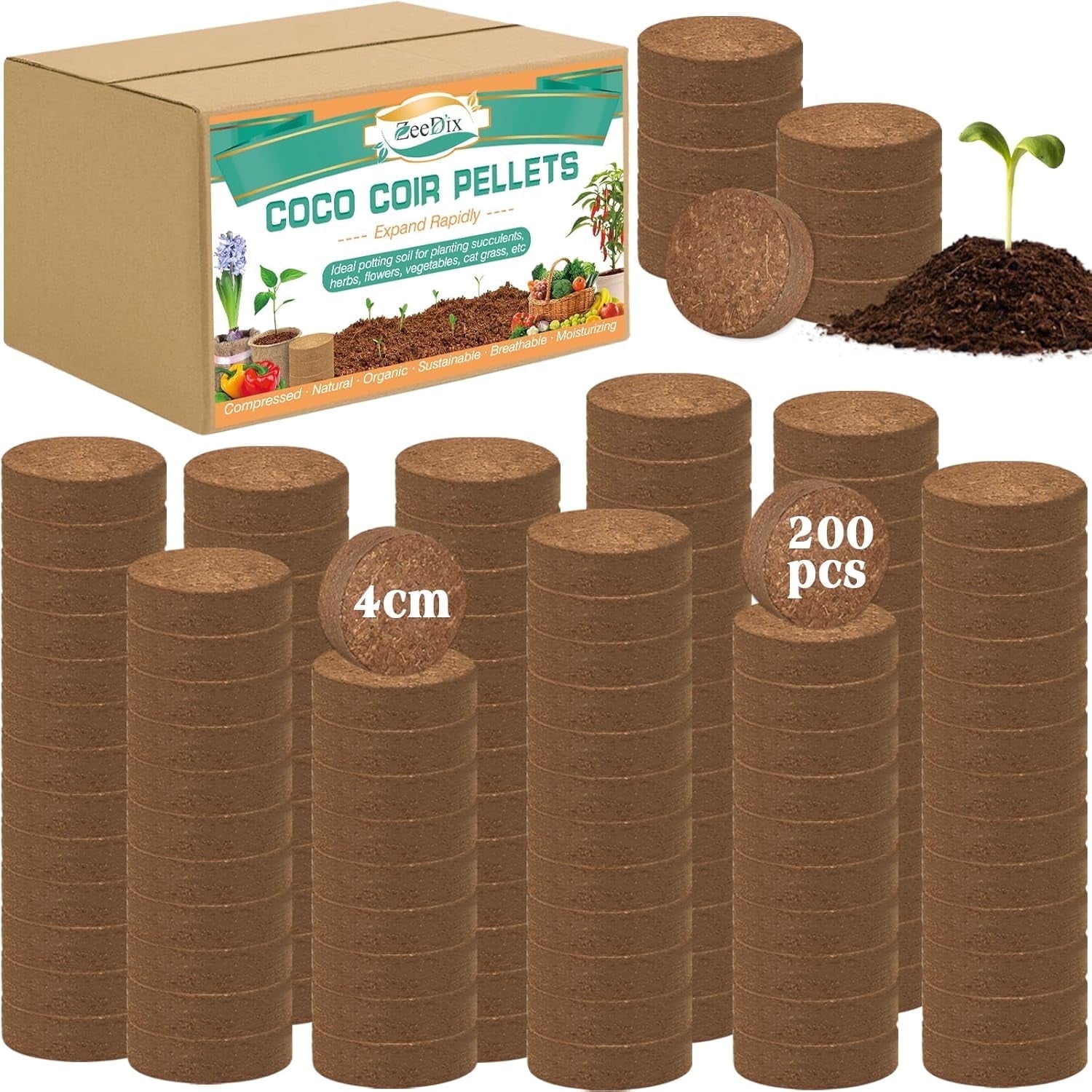 ZeeDix 200 Pcs 40mm Compressed Coco Coir Fiber Potting Soil- Organic ...
