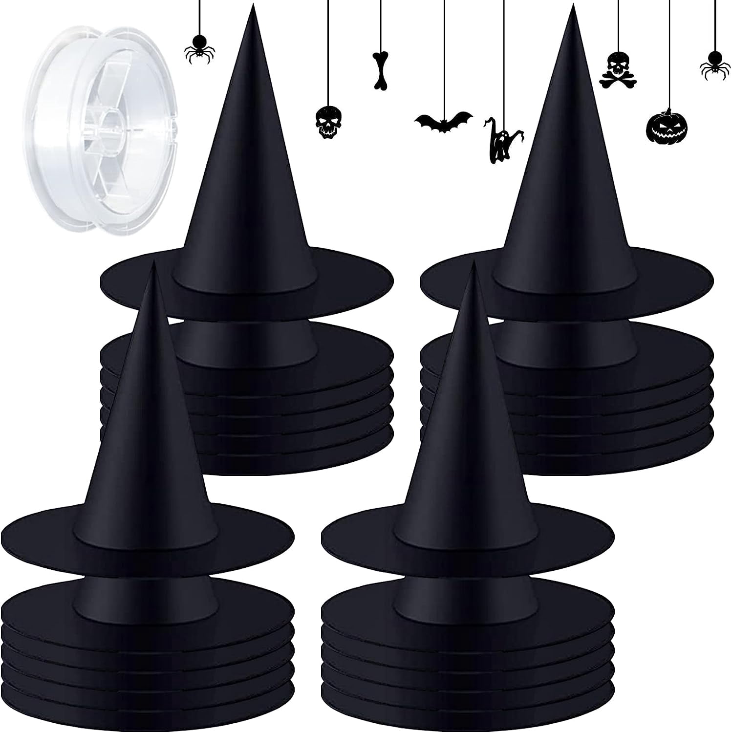 ZeeDix 24 Pcs Halloween Black Witch Hats with 98ft Rope, Party ...