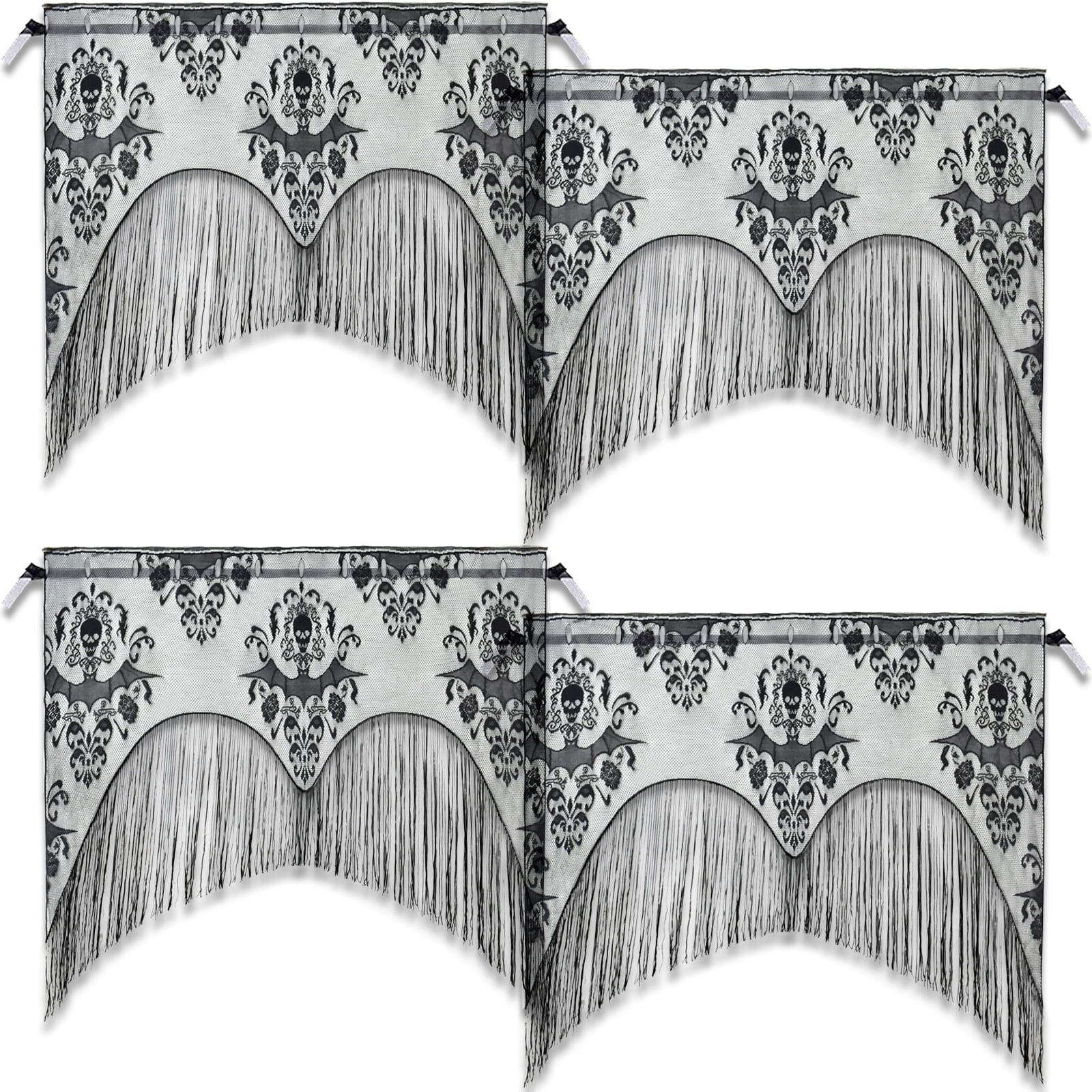 ZeeDix 4 Pcs Halloween Lace Skull Window Curtain- Black Tassel Door ...