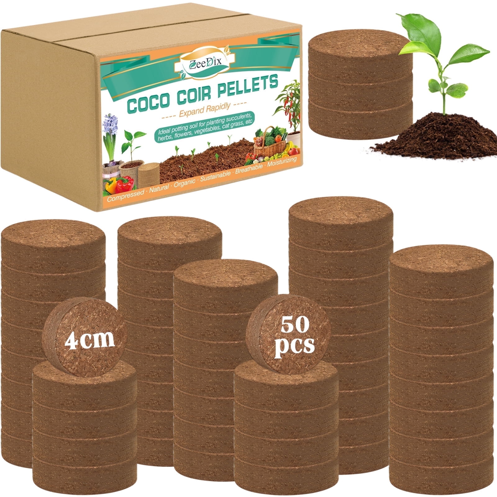 ZeeDix 50Pcs 40mm Compressed Coco Coir Fiber Potting Soil- Organic Coco ...