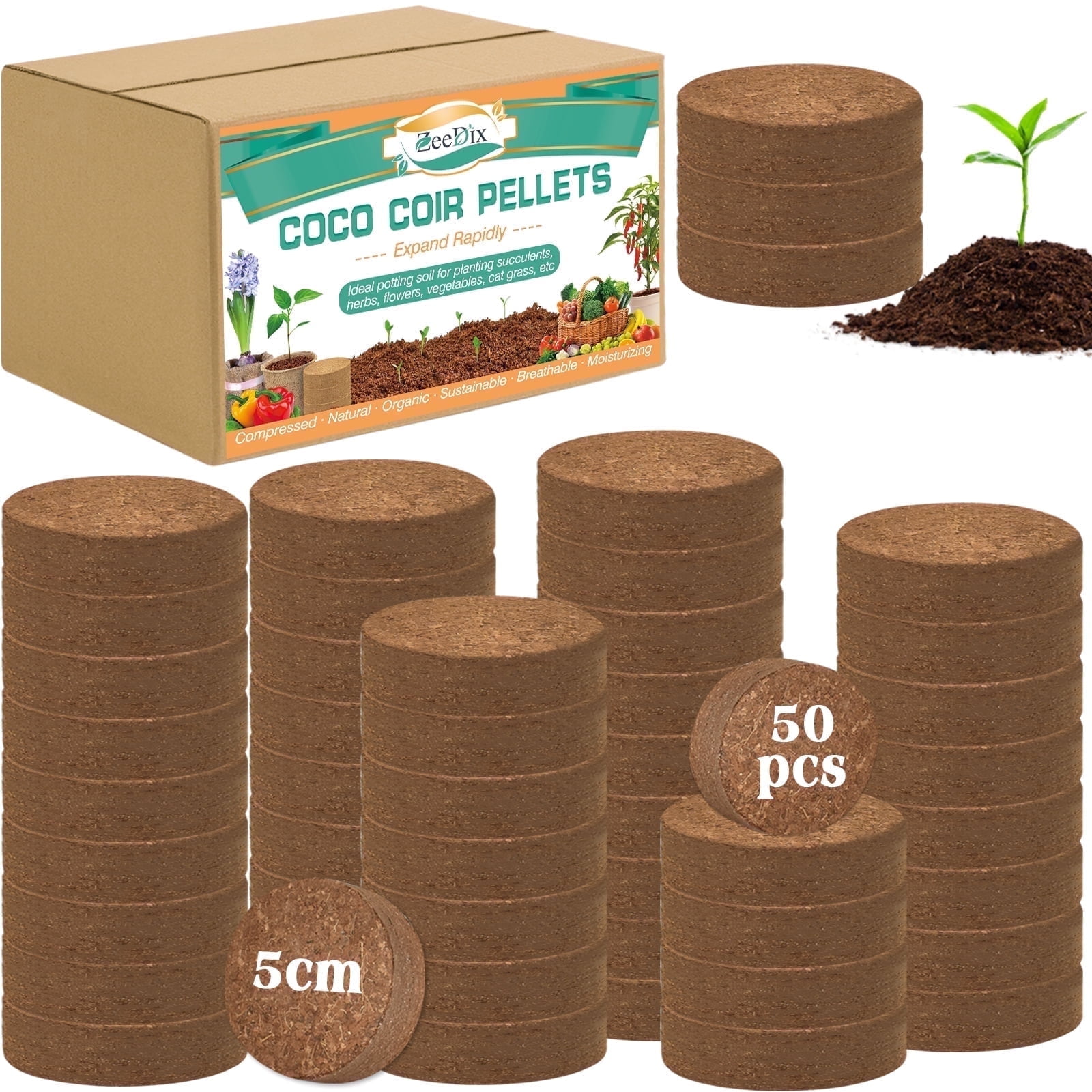 ZeeDix 50 Pcs 50mm Compressed Coco Coir Fiber Potting Soil- Organic ...