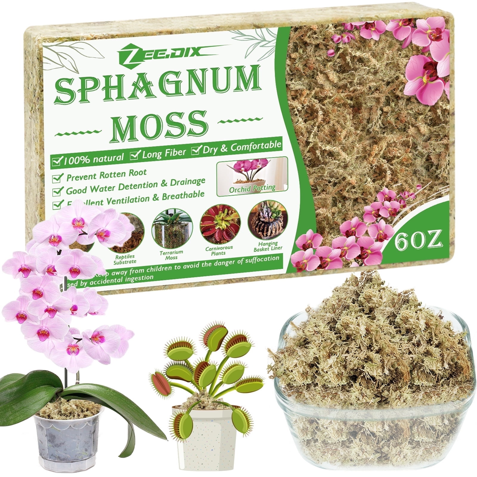 ZeeDix 6OZ Premium Sphagnum Moss for Plants, 8QT Natural Long Fibered ...