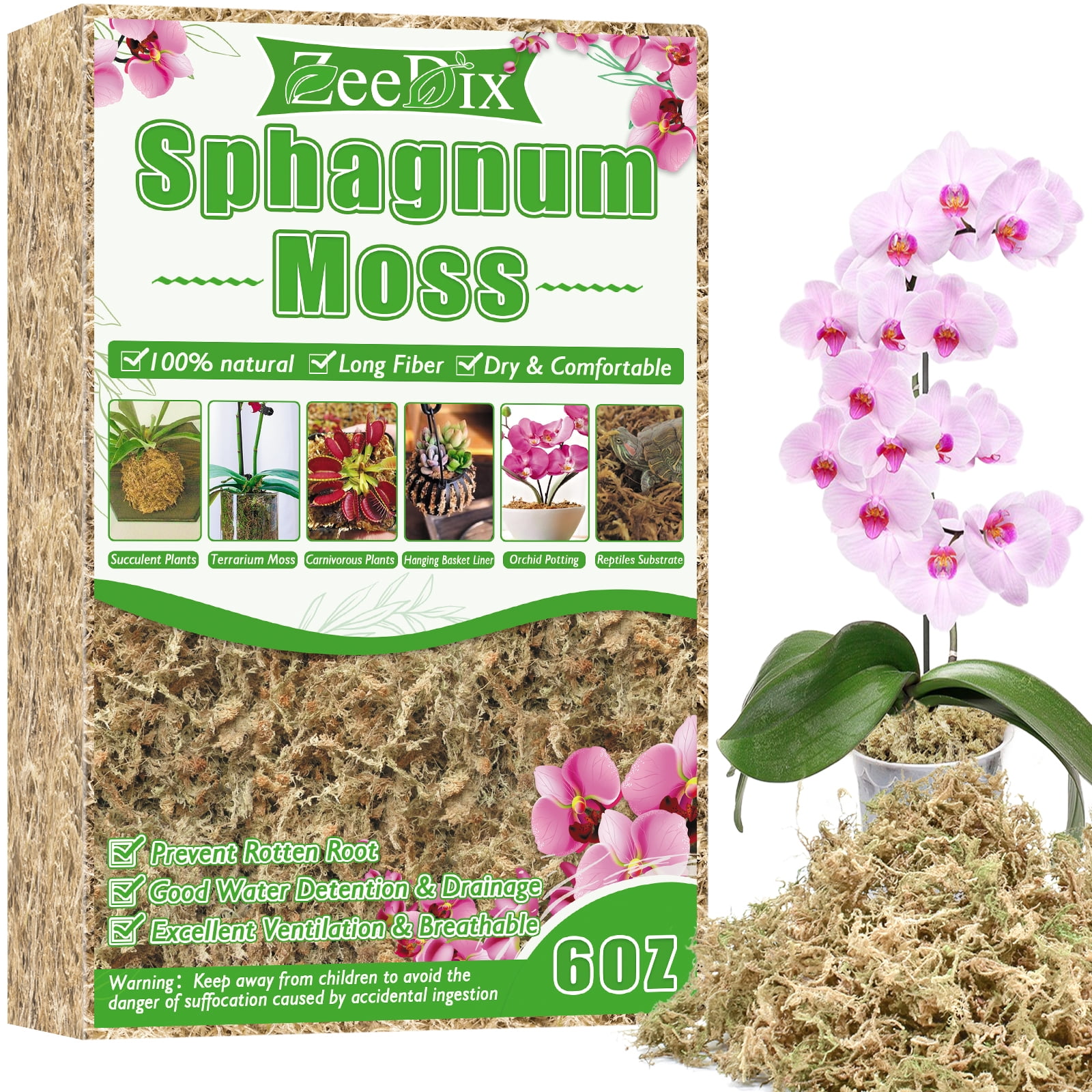 ZeeDix 6OZ Premium Sphagnum Moss for Plants, 8QT Natural Long Fibered ...