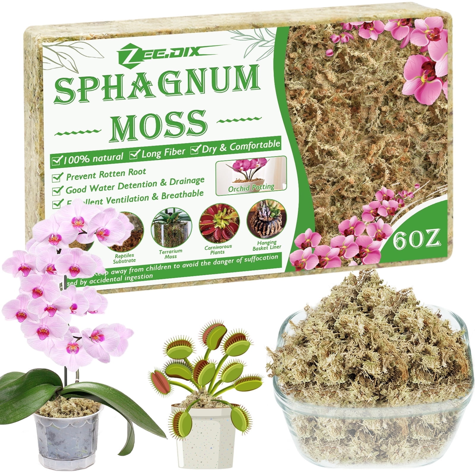 ZeeDix 6OZ Premium Sphagnum Moss for Plants, 8QT Natural Long Fibered ...