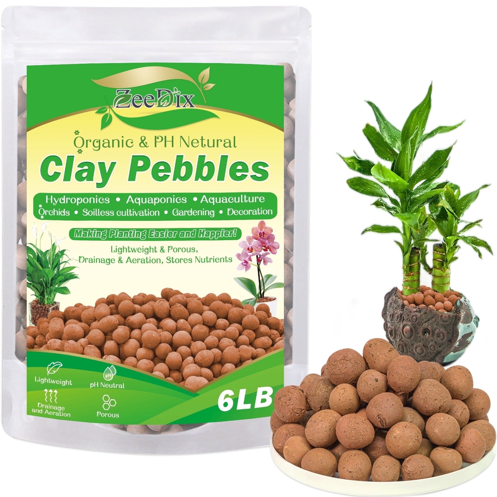 ZeeDix 6lb LECA Clay Pebbles - Organic Seedling Grow Media, Hydroponic ...