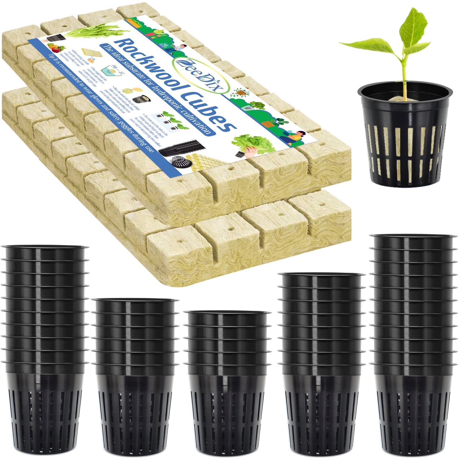 ZeeDix 72PCS 1.2 Inch Rockwool Cubes with 56PCS 2 Inch Net Cups for ...