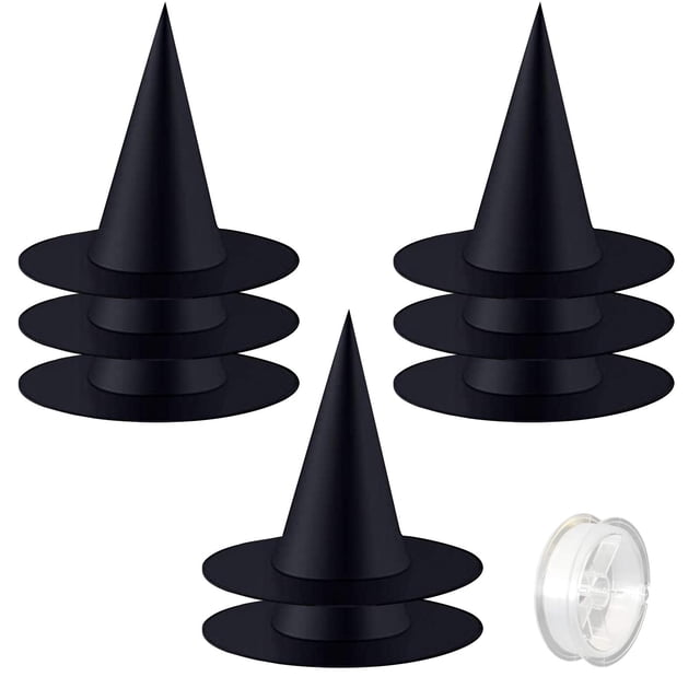 ZeeDix 8 Pcs Halloween Black Witch Hats, 13Inch, with 98ft Hanging Rope ...