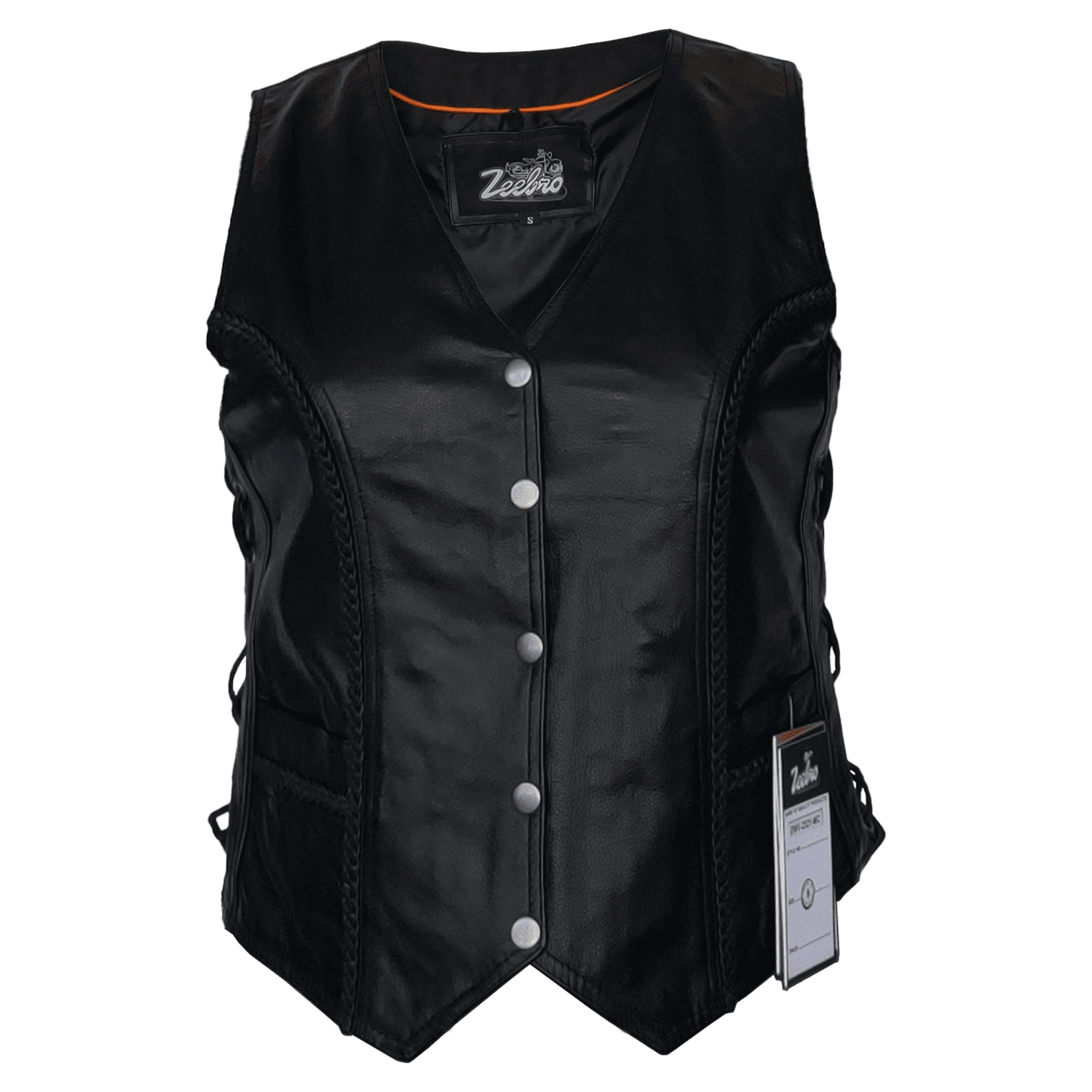 Zeebro Women's MC–321 Black Leather Braided Vest with Adjustable Lacing ...