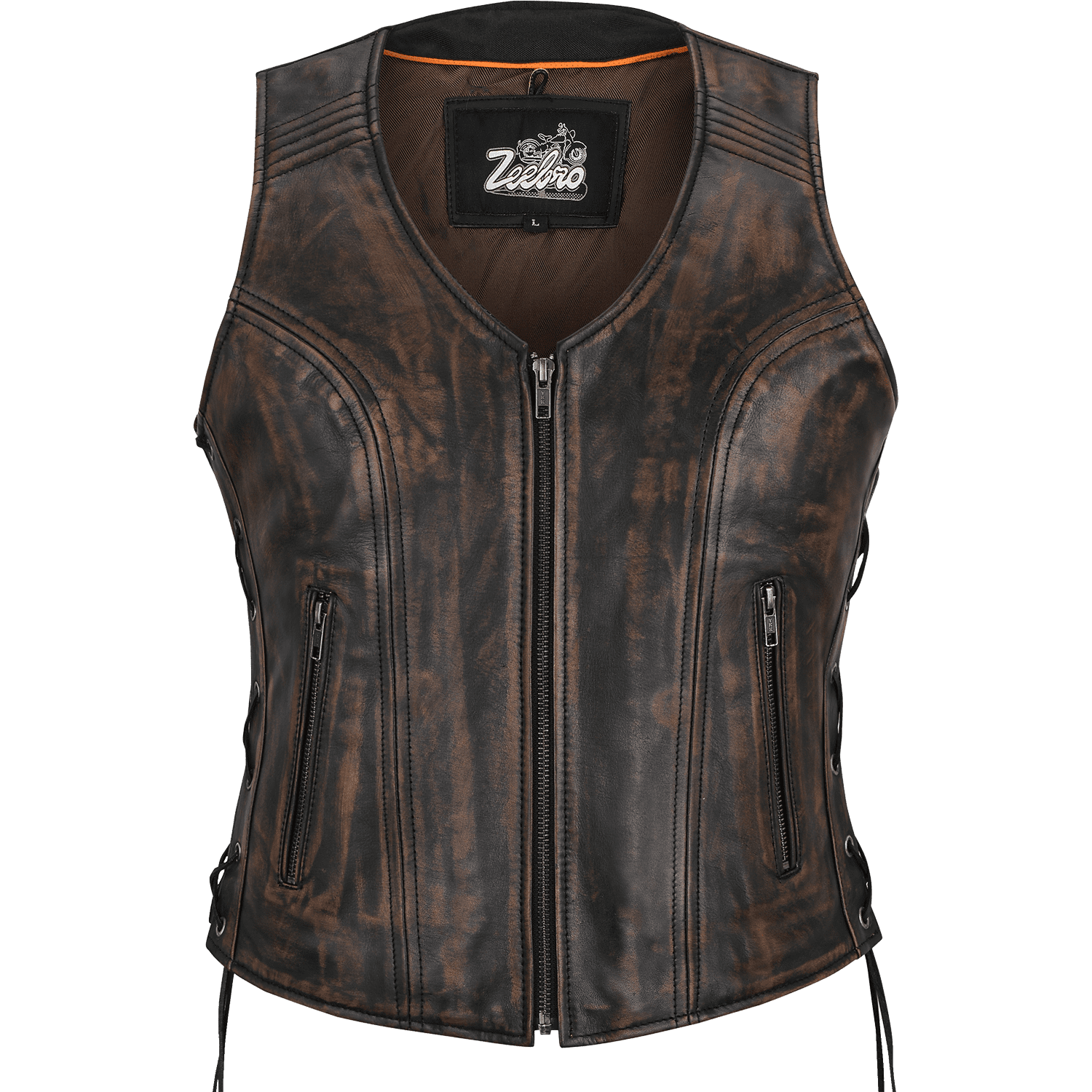 Zeebro Women's RBP–309 Distressed Brown Leather Vest with Adjustable ...