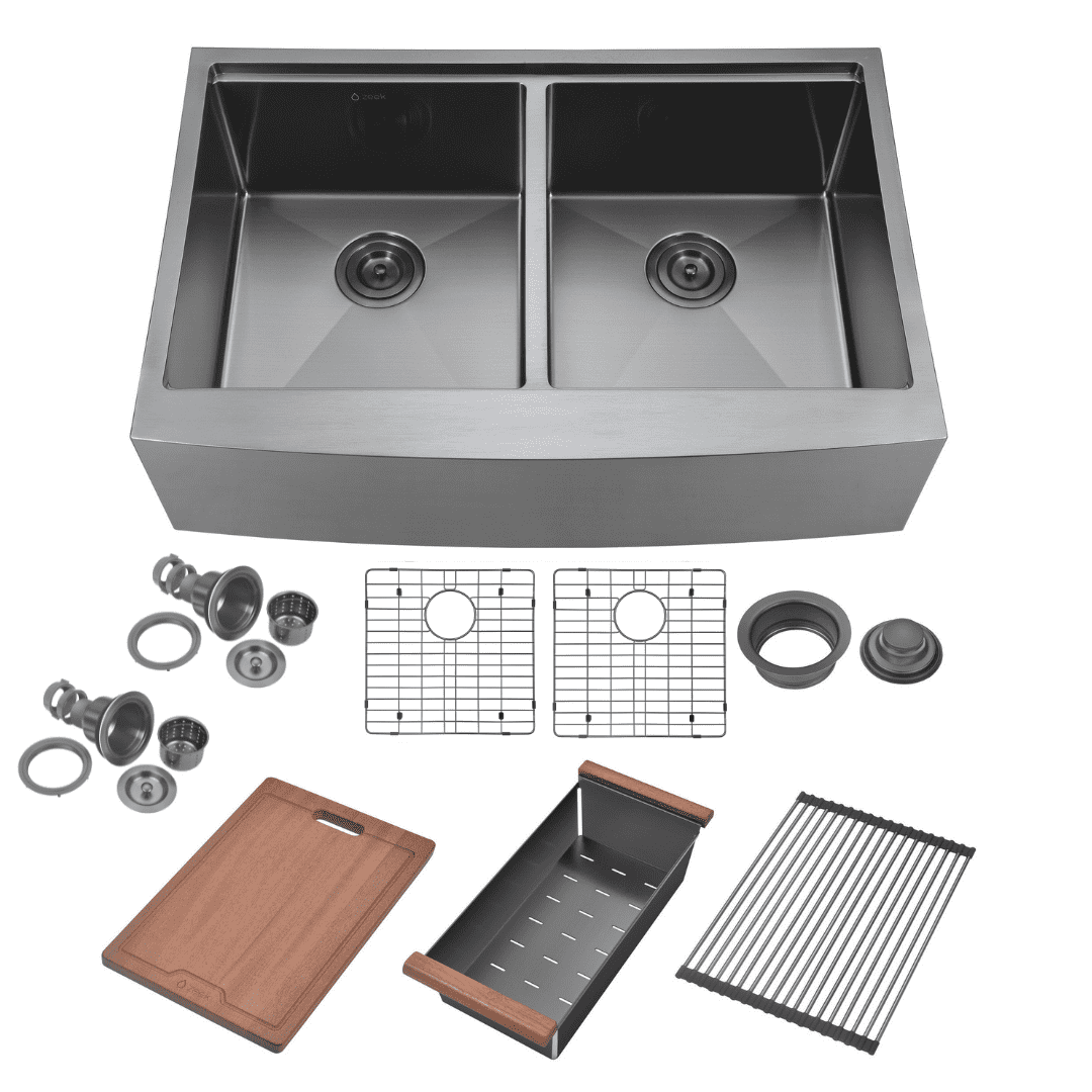 Zeek 33" Farmhouse Workstation Double Bowl Gunmetal Matte Black Kitchen ...