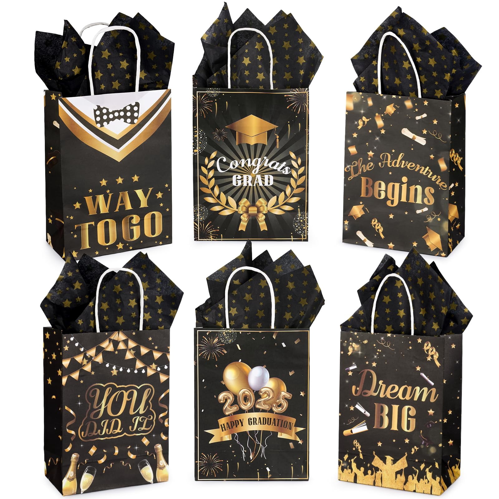 ZeffuLyne 24 Pcs Graduation Gift Bags 2025 with Tissue Paper, 6 Styles ...