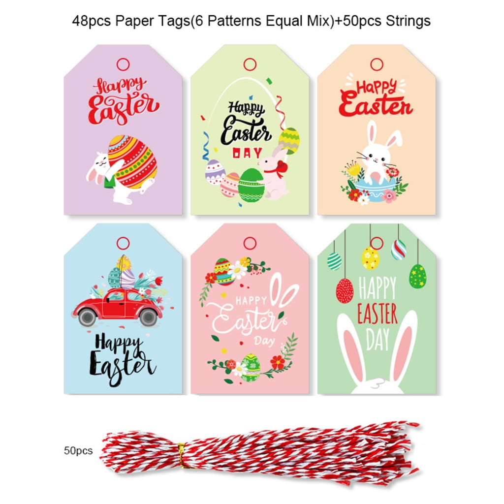 Zeiwohndc 48/96 Sets Happy Easter Bunny Gift Tags with String Gift Box ...