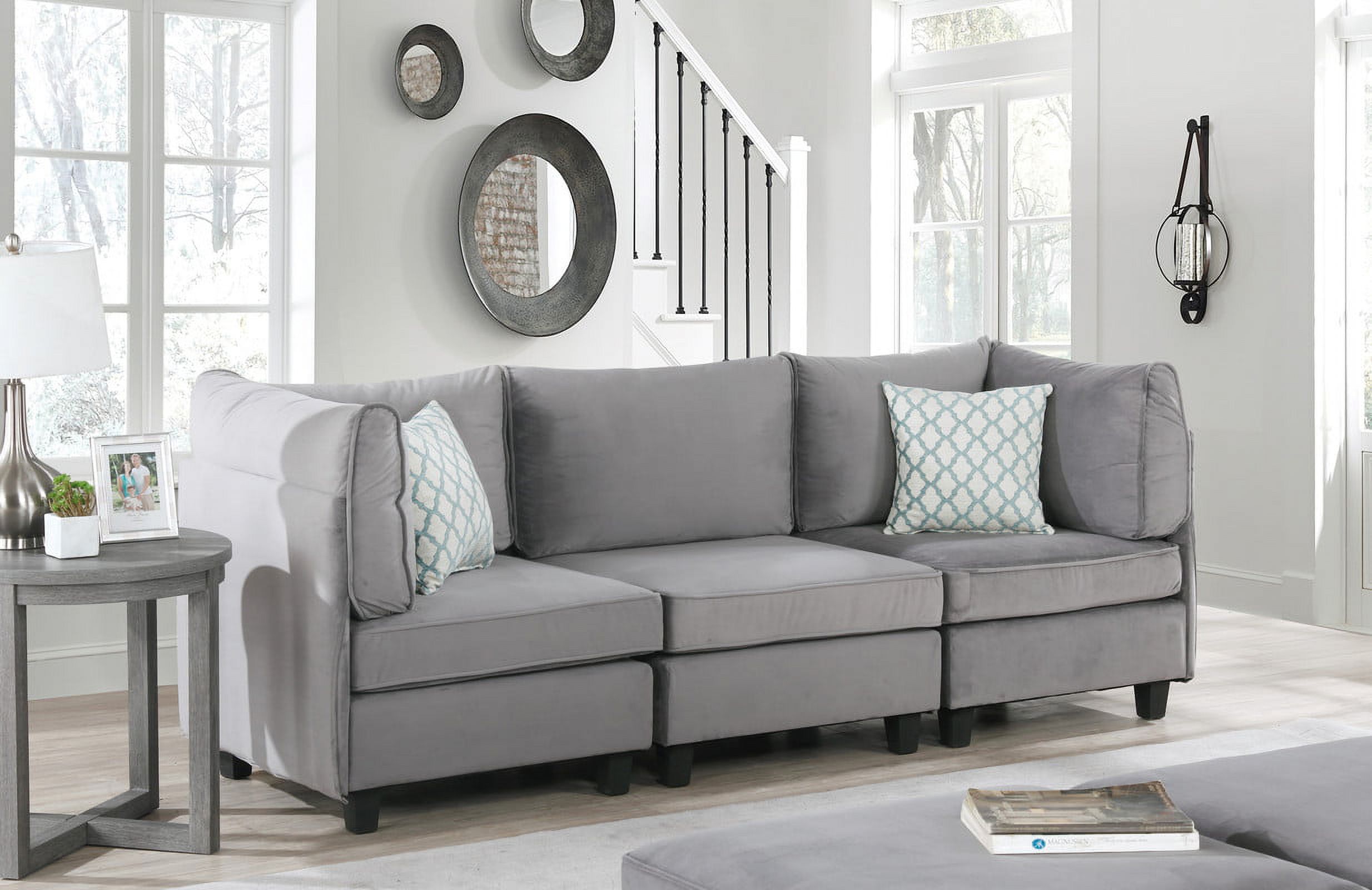 Zelmira 90-Inch Gray Velvet Sectional Sofa with 2 Accent Pillows ...