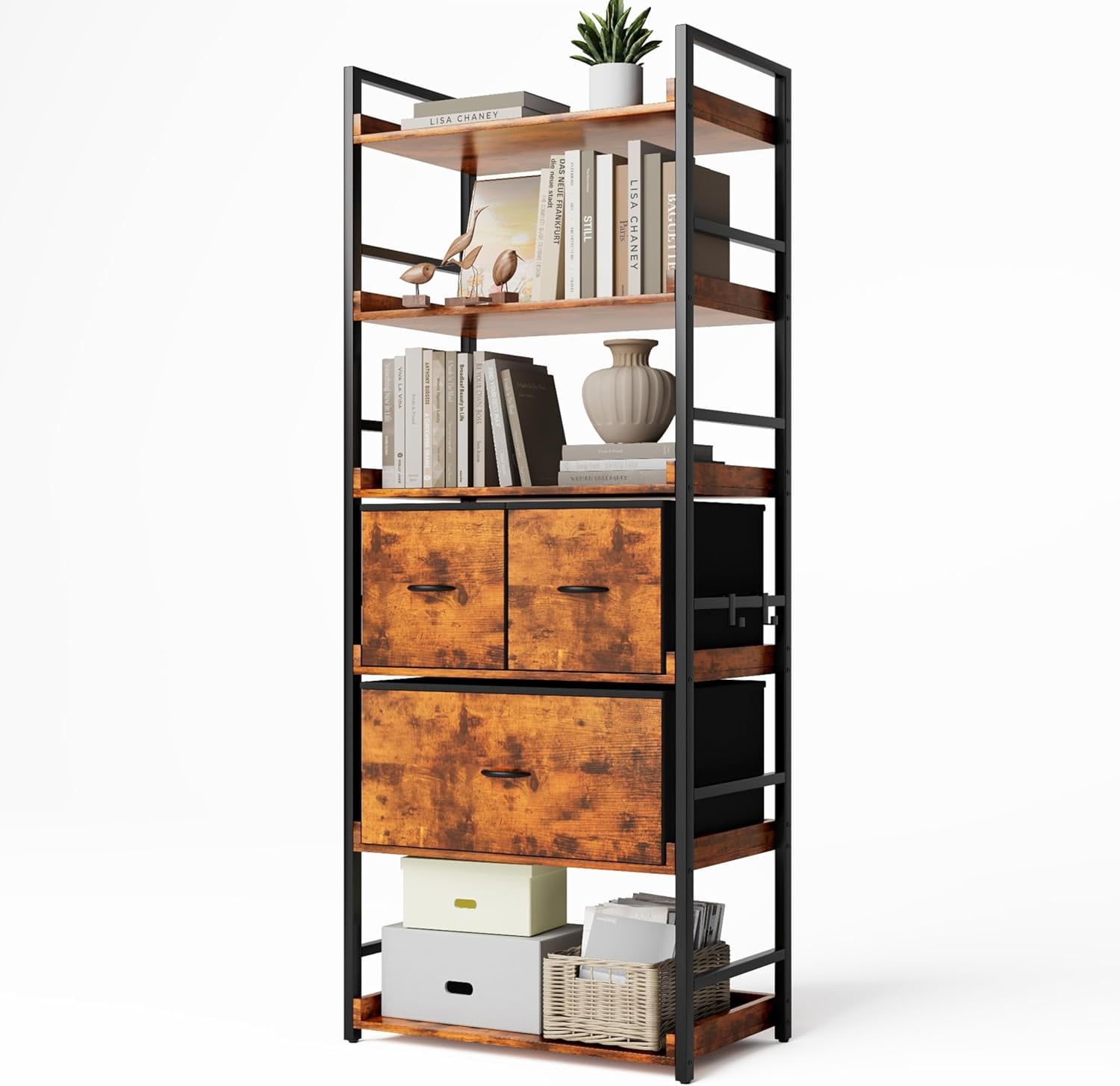 ZeloraGildan 6 Tier Bookshelf, Tall Bookcase with 3 Drawers Storage ...