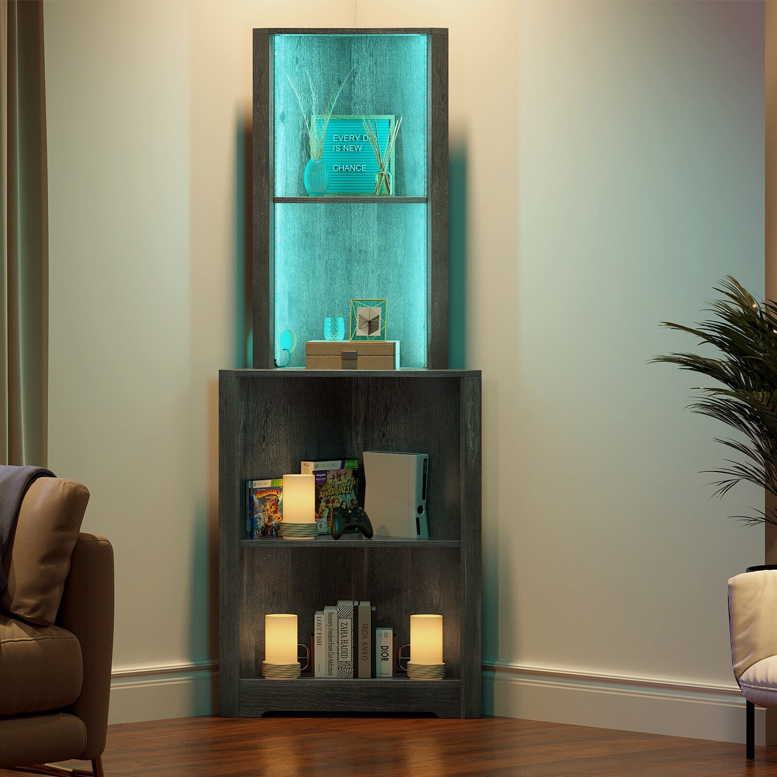 ZeloraGildan 64" Corner Shelf with LED Lights 5 Tier Bookcase Bookshelf ...