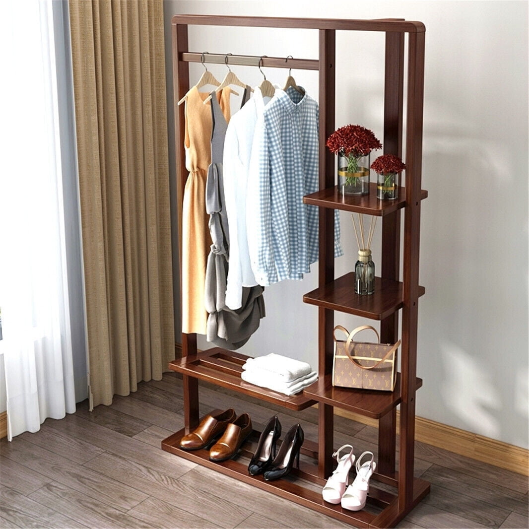 ZeloraGildan 6Tier Vintage Wood Clothes Stand w Top Rod Hanging Shelf ...