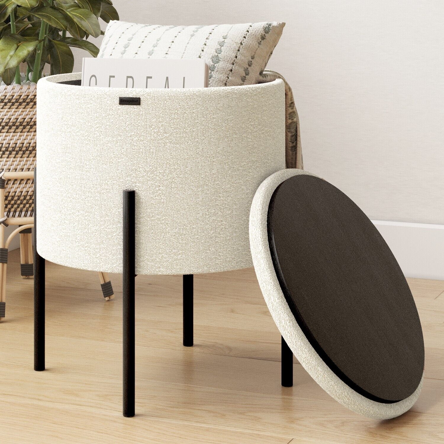 ZeloraGildan Round Boucle Ottoman: Versatile piece for storage, seating ...