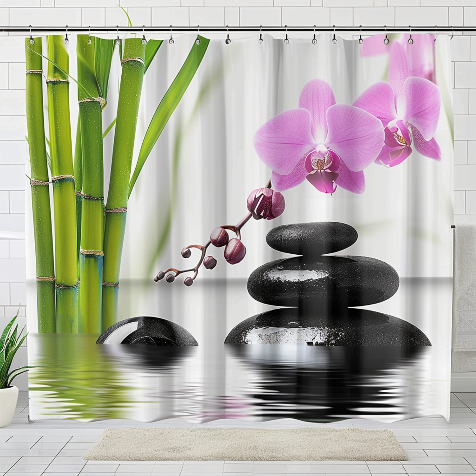 Zen Bamboo Bliss: Modern Chinese Art Shower Curtain Hyperrealistic Ink ...