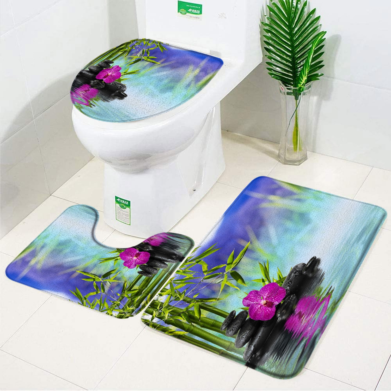 Zen Bath Mats Set Green Bamboo Orchid Lotus Massage Stone Asian Spa ...